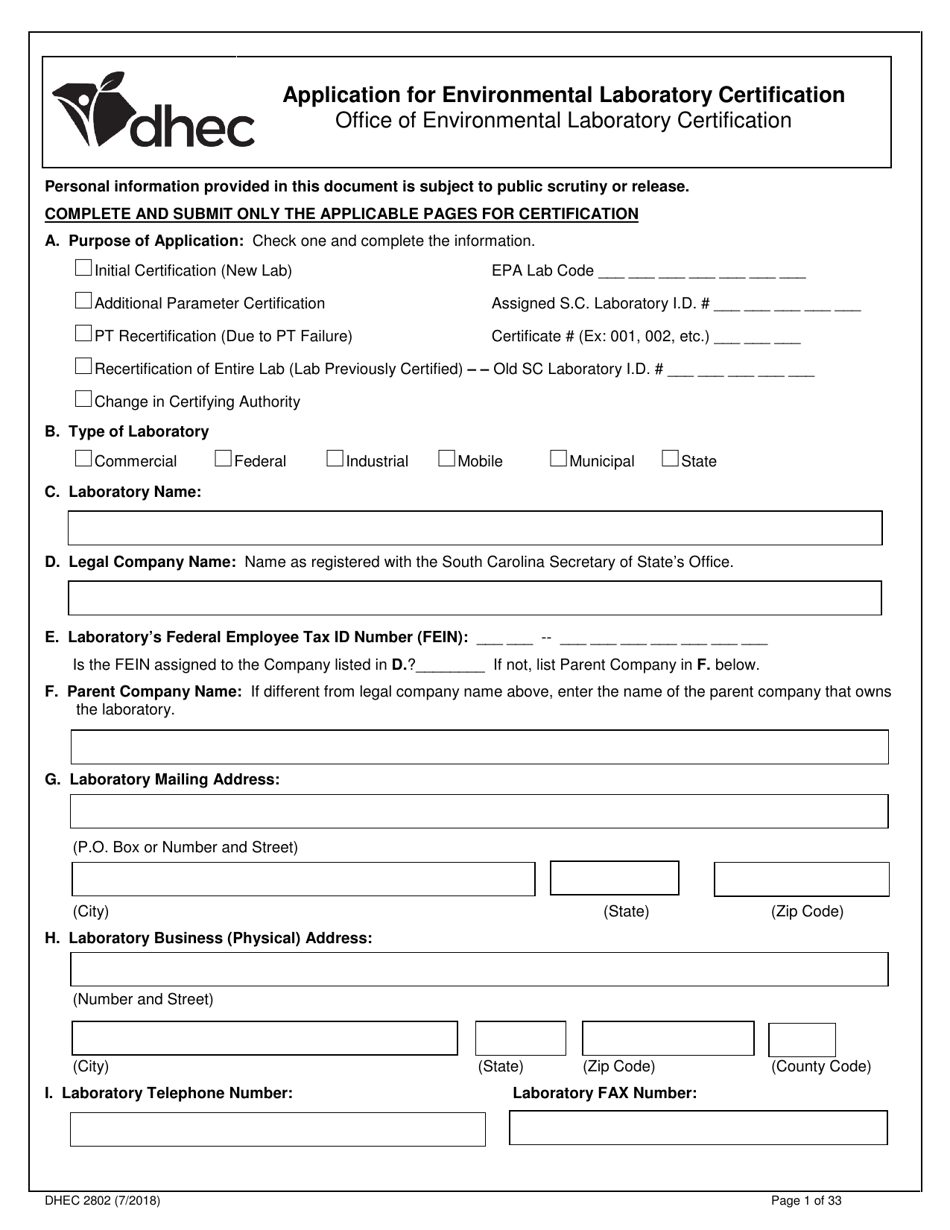 DHEC Form 2802 - Fill Out, Sign Online and Download Printable PDF ...