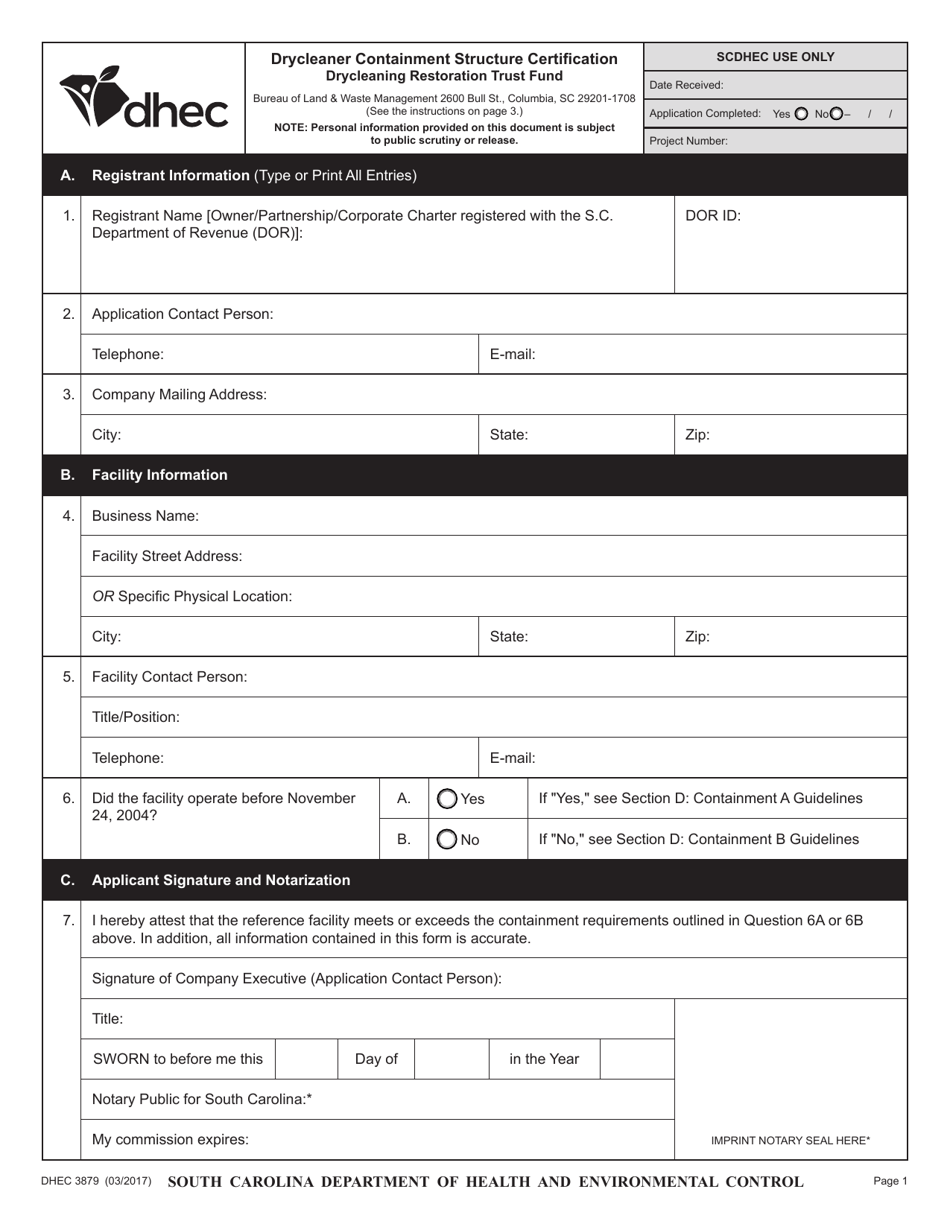 DHEC Form 3879 - Fill Out, Sign Online and Download Fillable PDF, South ...