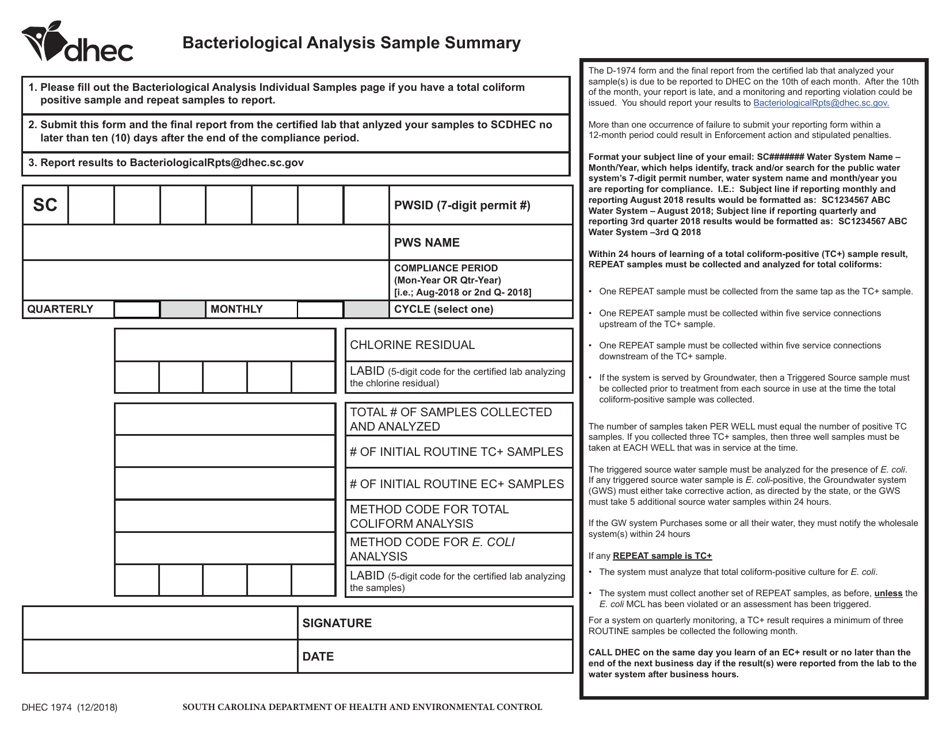 DHEC Form 1974 - Fill Out, Sign Online and Download Fillable PDF, South ...