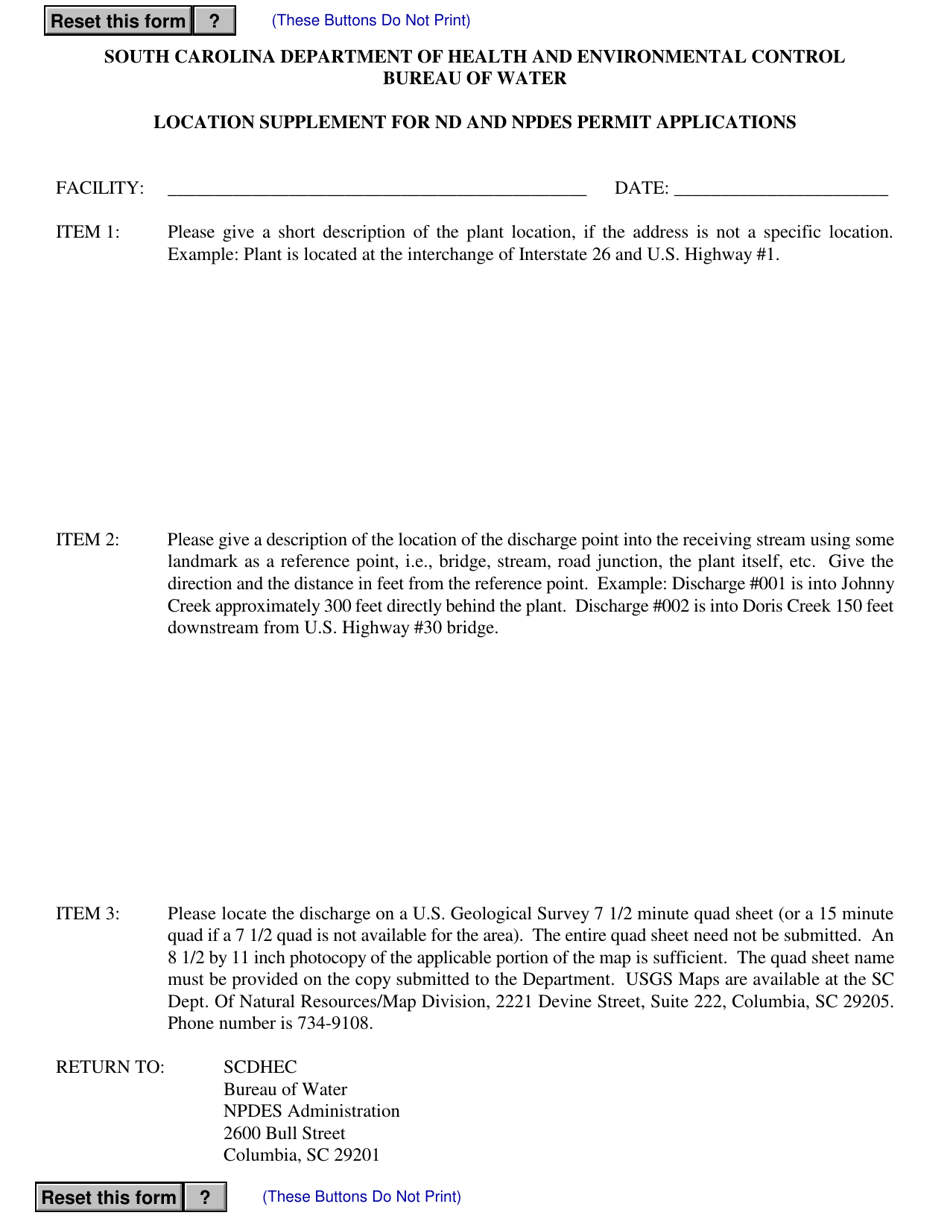 South Carolina Location Supplement for Nd and Npdes Permit Applications ...