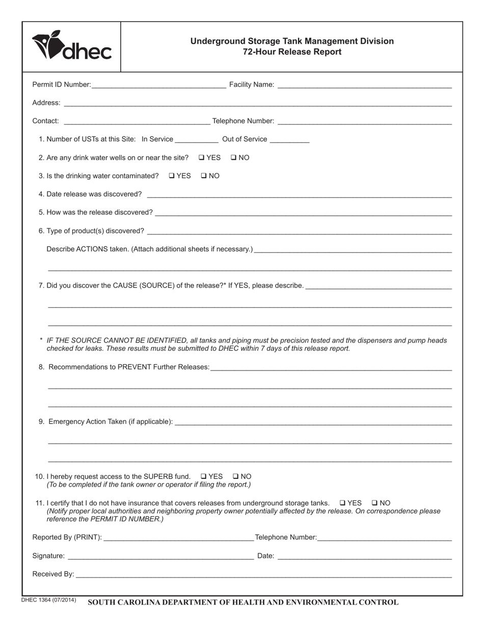 DHEC Form 1364 - Fill Out, Sign Online and Download Fillable PDF, South ...