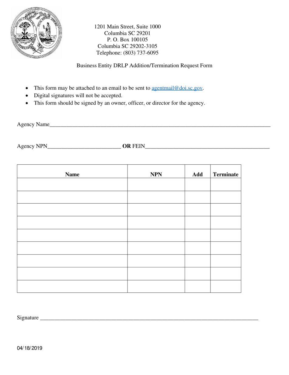 South Carolina Business Entity Drlp Addition/Termination Request Form ...