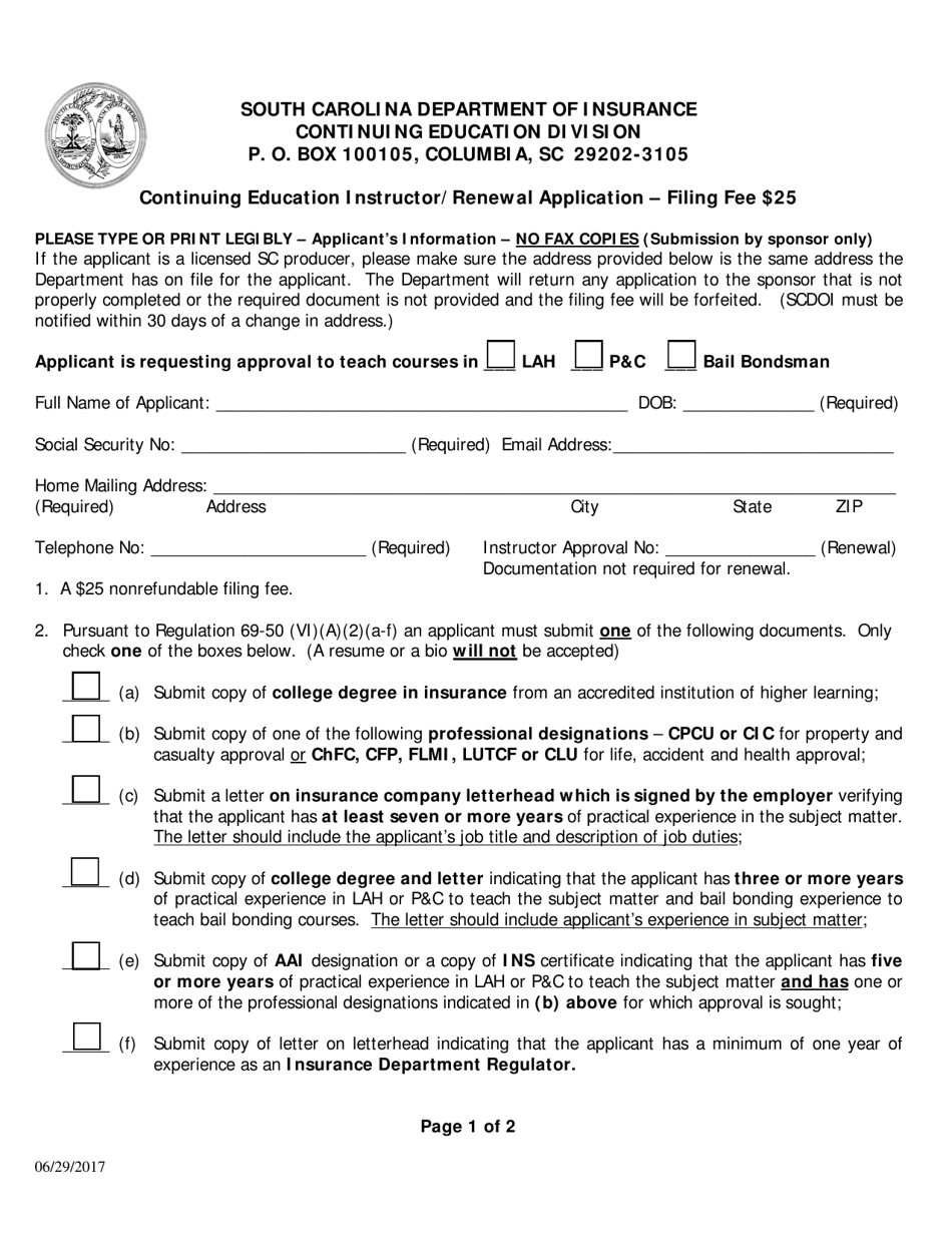 South Carolina Continuing Education Instructor/Renewal Application ...