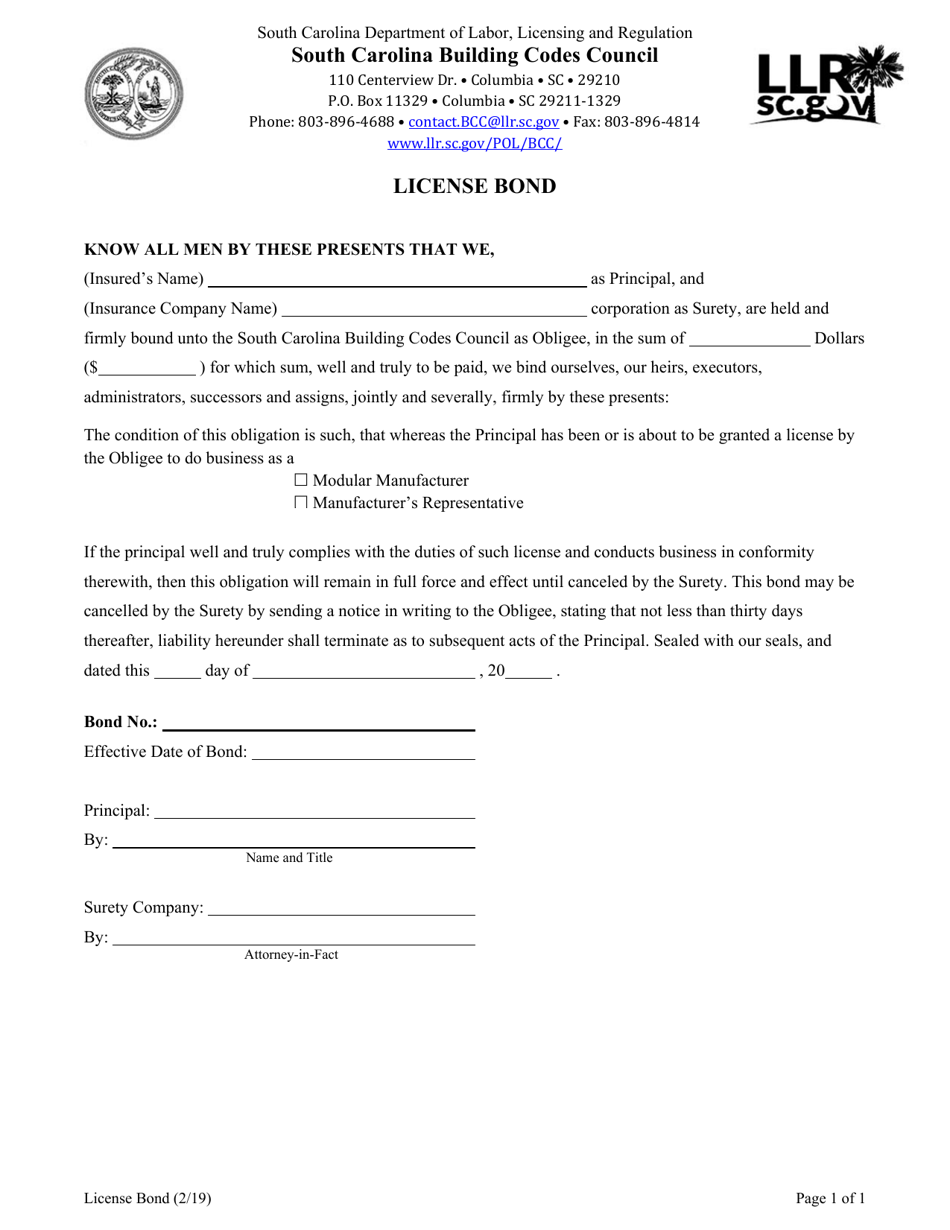 South Carolina License Bond Form - Fill Out, Sign Online and Download ...