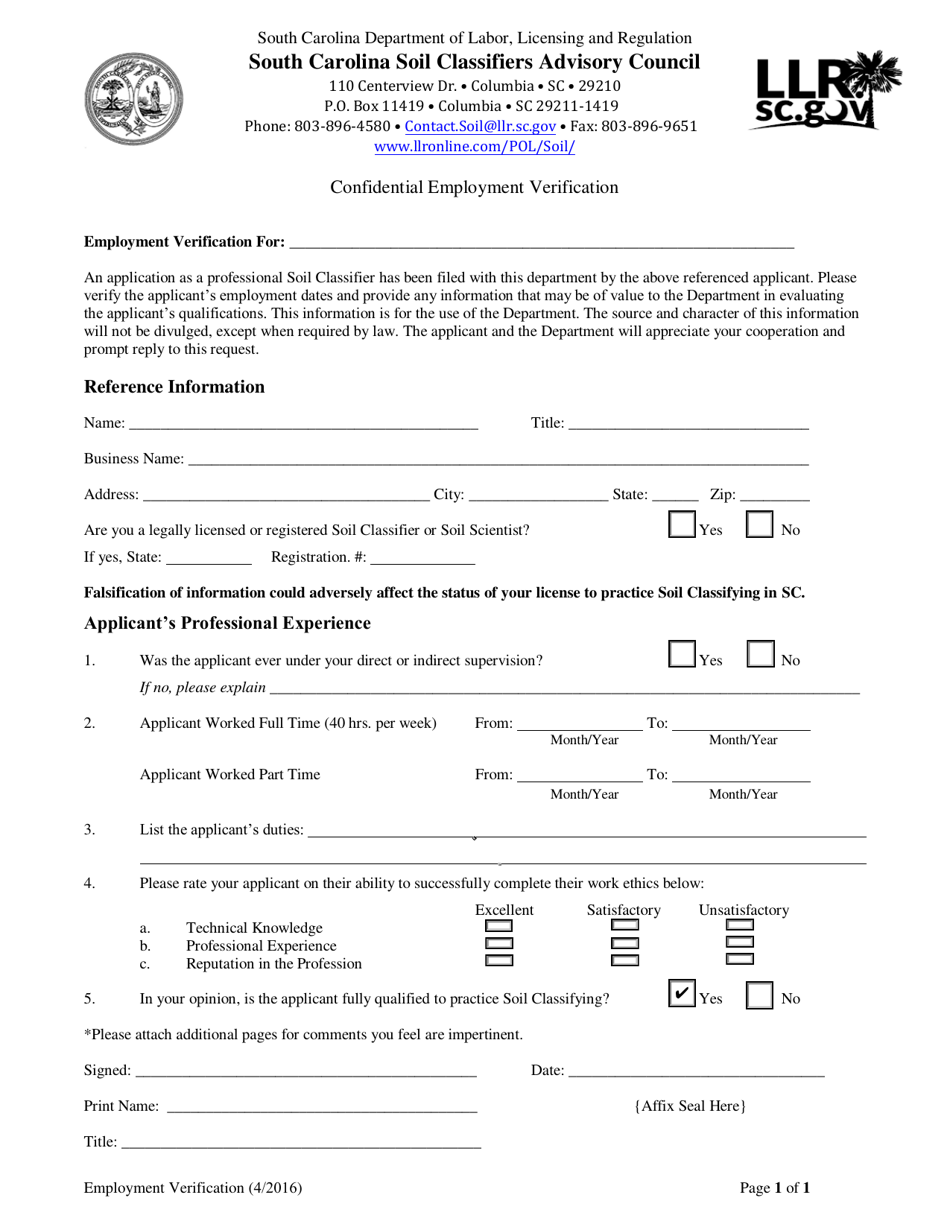 South Carolina Confidential Employment Verification Form - Fill Out, Sign Online and Download ...