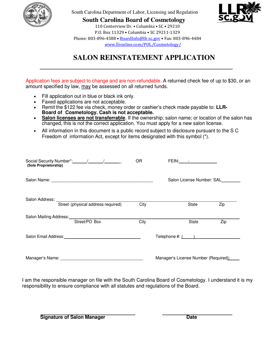 South Carolina Salon Reinstatement Application Form - Fill Out, Sign ...