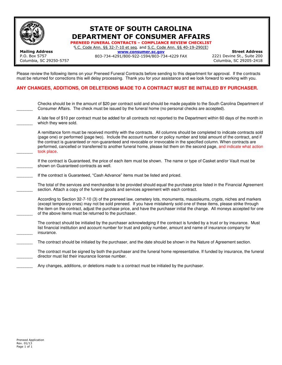 South Carolina Preneed Funeral Contracts - Compliance Review Checklist ...