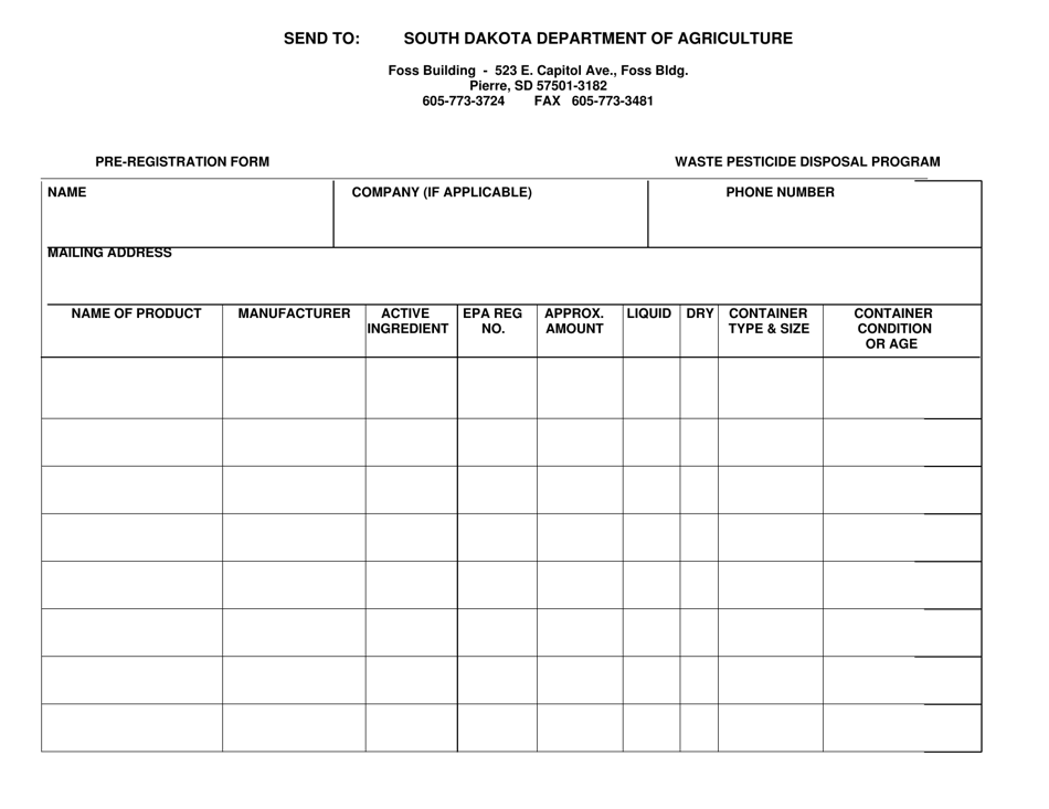 South Dakota Waste Pesticide Disposal Program Pre-registration Form ...