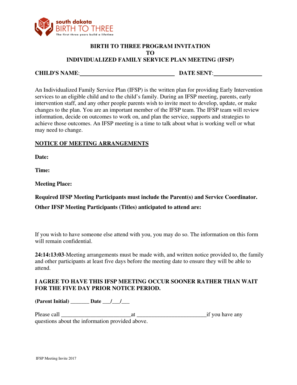 South Dakota Birth to Three Program Invitation to Individualized Family ...