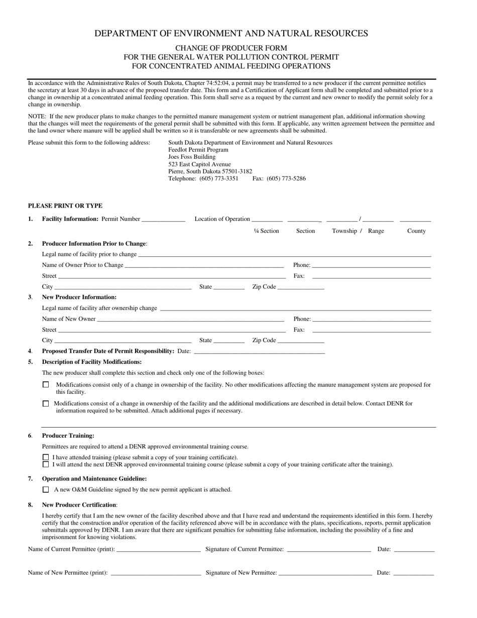 South Dakota Change of Producer Form for the General Water Pollution ...