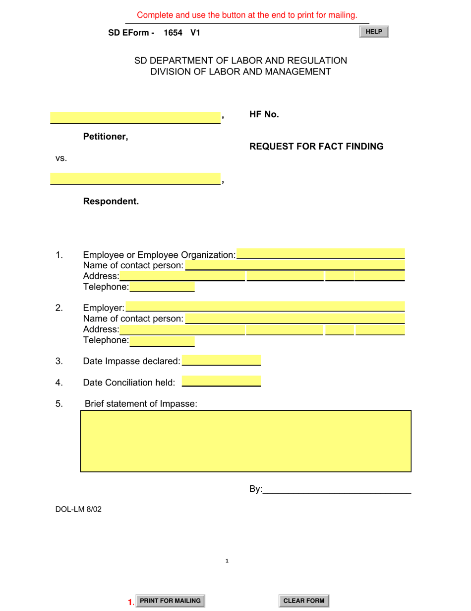 SD Form 1654 - Fill Out, Sign Online and Download Fillable PDF, South ...