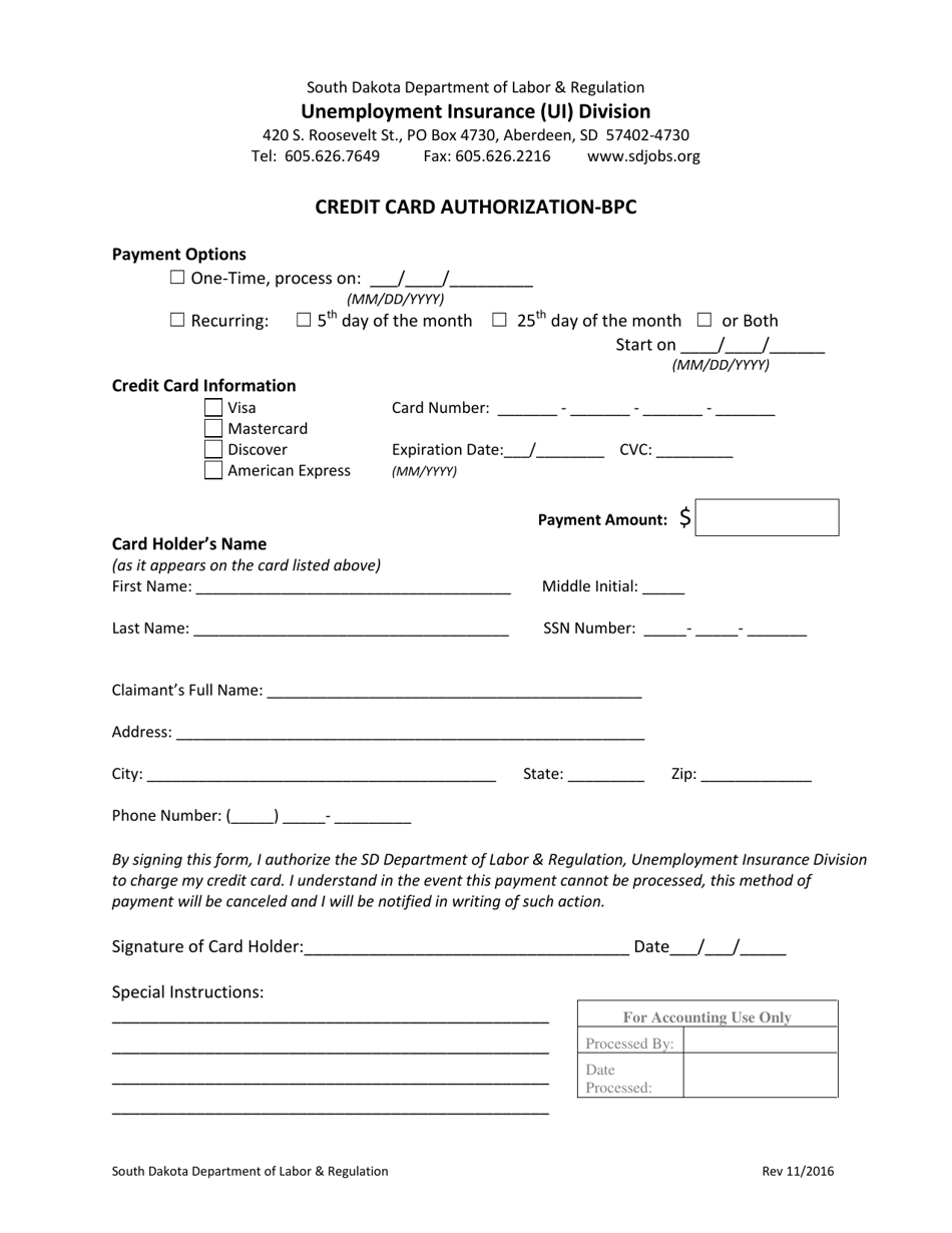South Dakota Credit Card Authorization-Bpc - Fill Out, Sign Online and ...