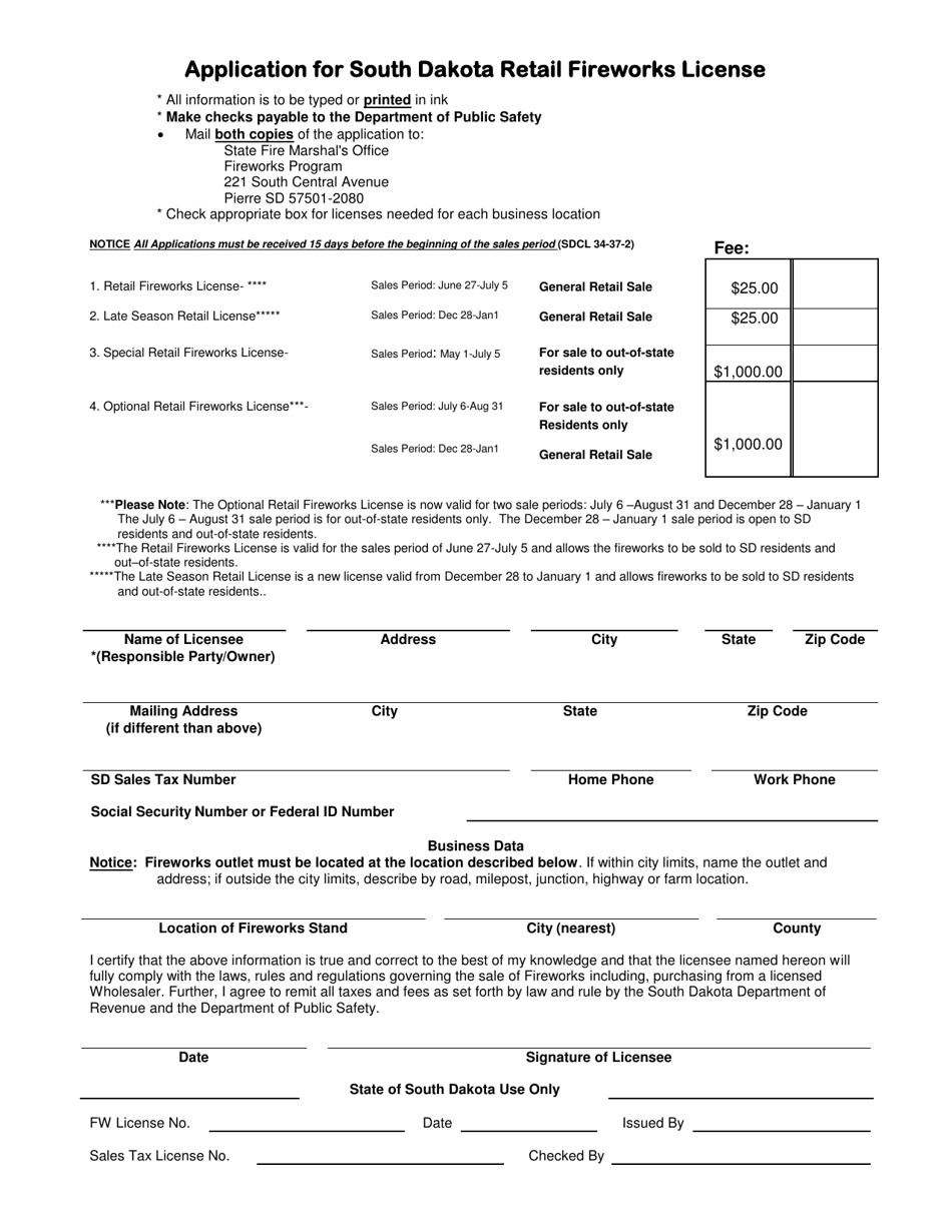 South Dakota Application for South Dakota Retail Fireworks License ...