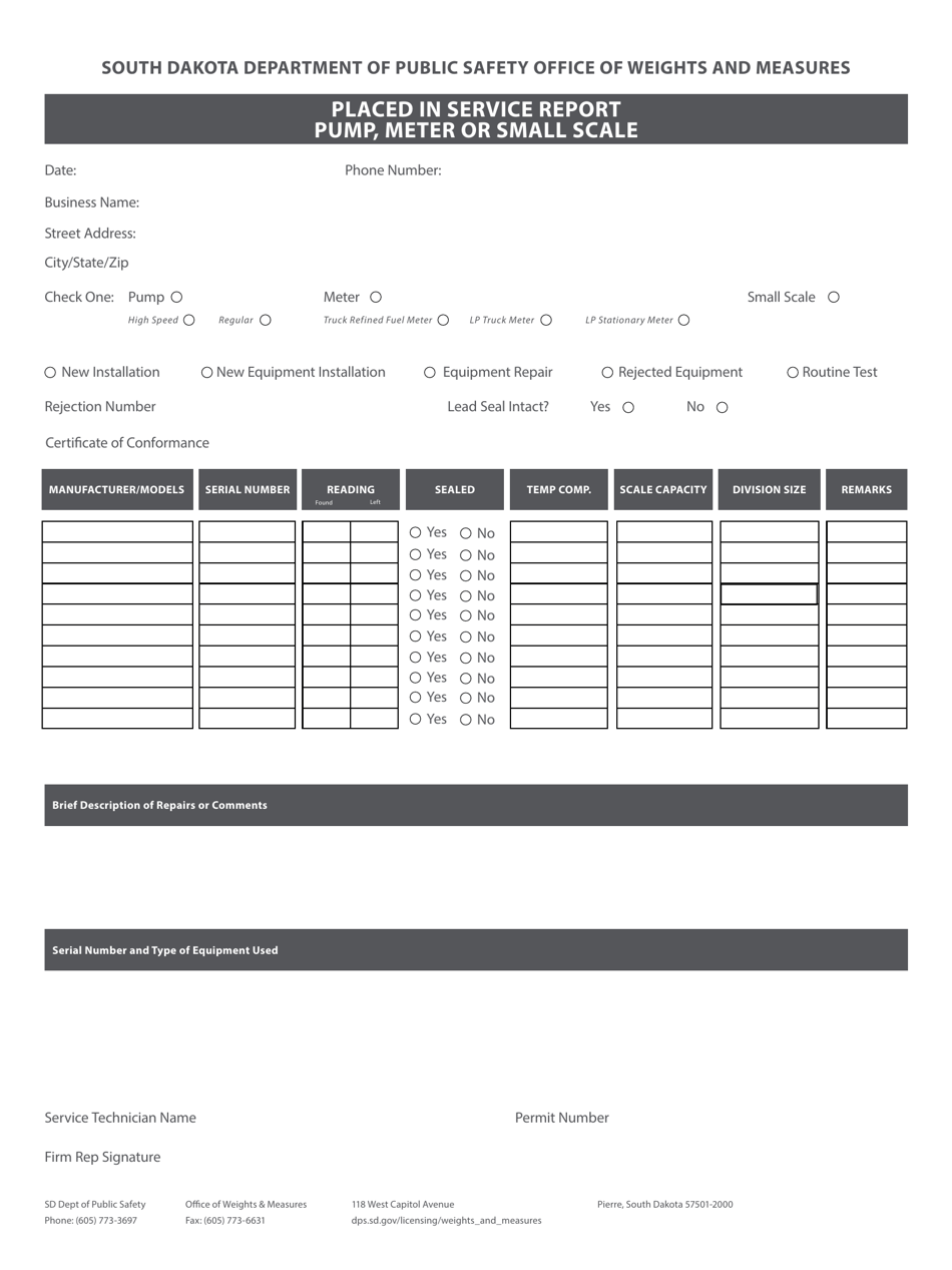 South Dakota Placed in Service Report Pump, Meter or Small Scale - Fill ...