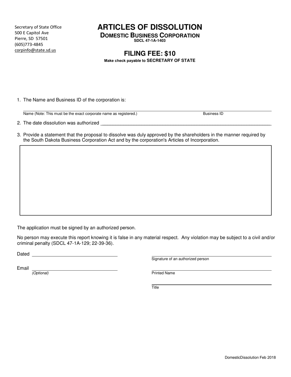 South Dakota Articles of Dissolution - Domestic Business Corporation ...