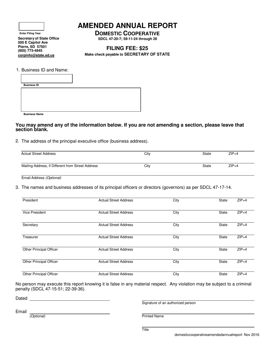 South Dakota Amended Annual Report - Domestic Cooperative - Fill Out, Sign Online and Download ...