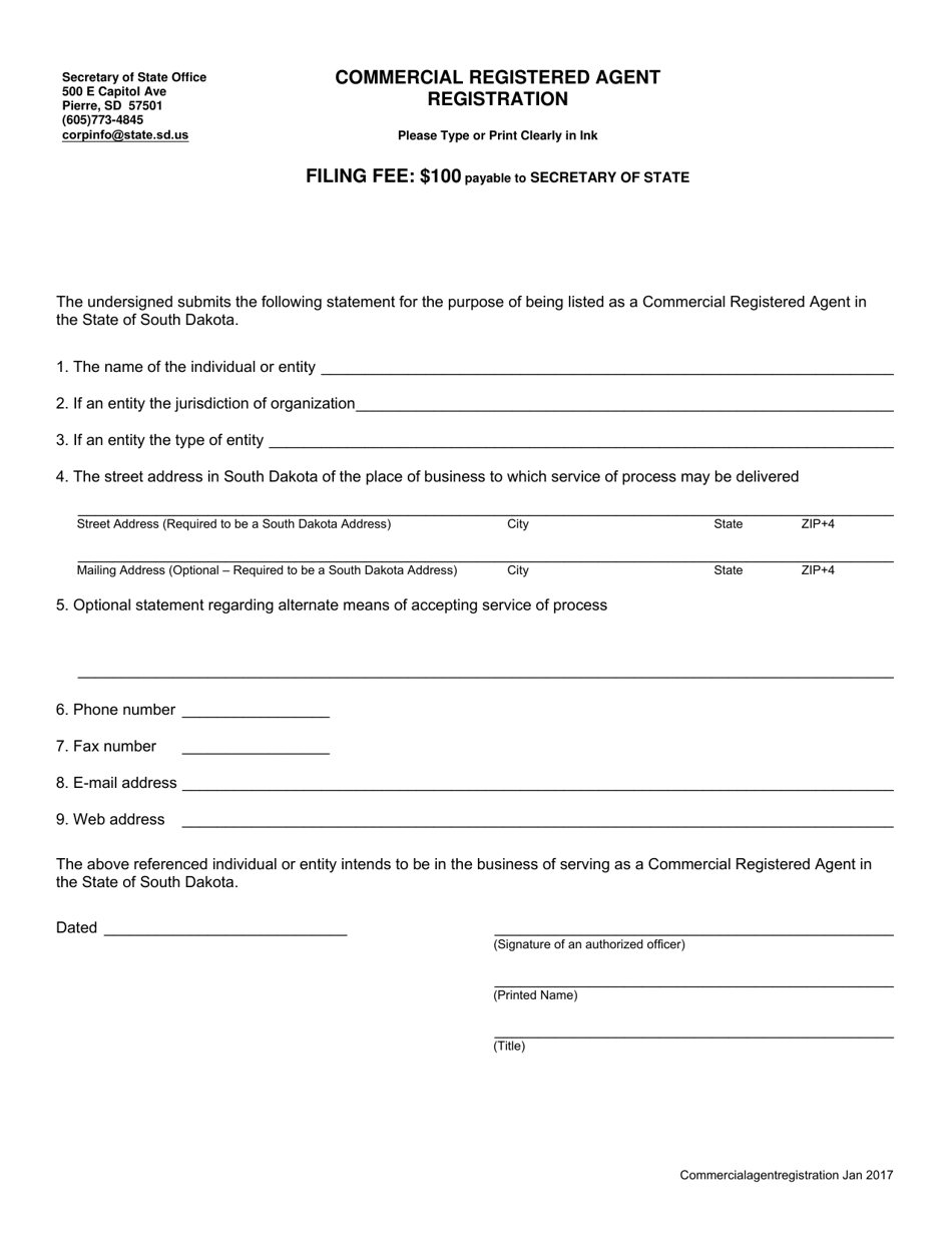 South Dakota Commercial Registered Agent Registration Form - Fill Out ...