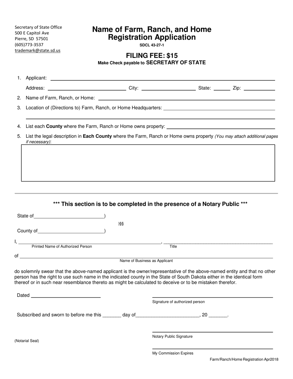 South Dakota Name of Farm, Ranch, and Home Registration Application ...