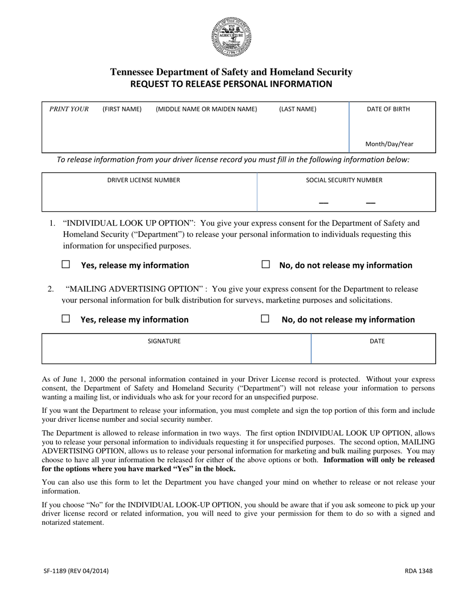 Form SF-1189 - Fill Out, Sign Online and Download Printable PDF, Tennessee | Templateroller