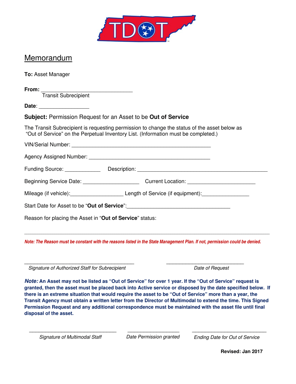 Tennessee Permission Request for an Asset to Be out of Service - Fill Out, Sign Online and ...