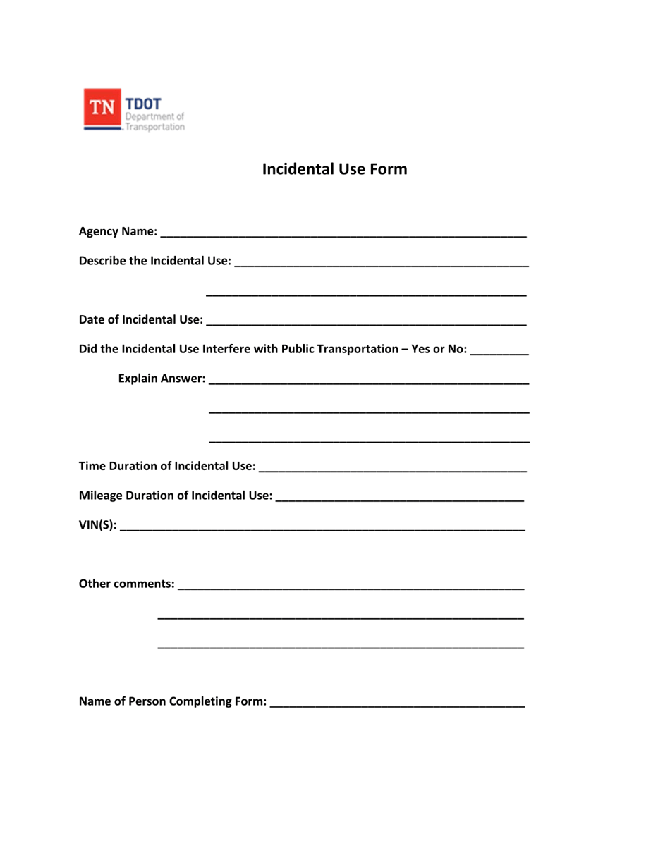 Tennessee Incidental Use Form - Fill Out, Sign Online and Download PDF ...