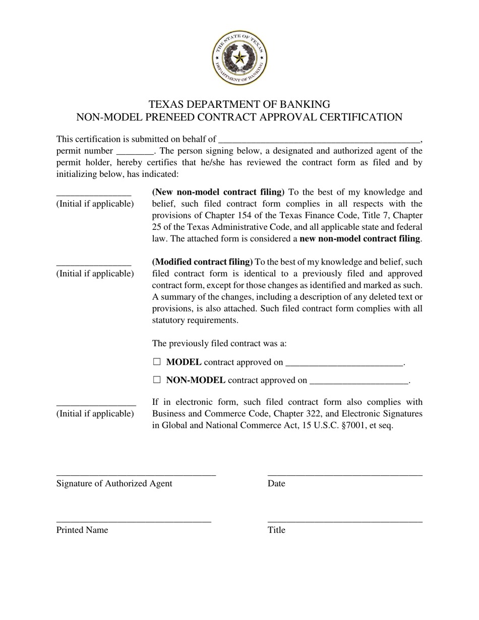 Texas Non-model Preneed Contract Approval Certification - Fill Out ...