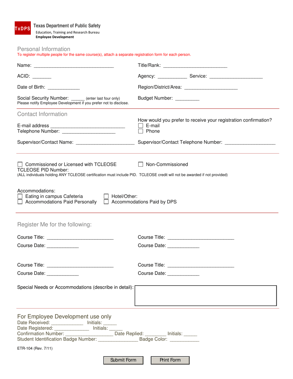 Form ETR-104 - Fill Out, Sign Online and Download Fillable PDF, Texas ...