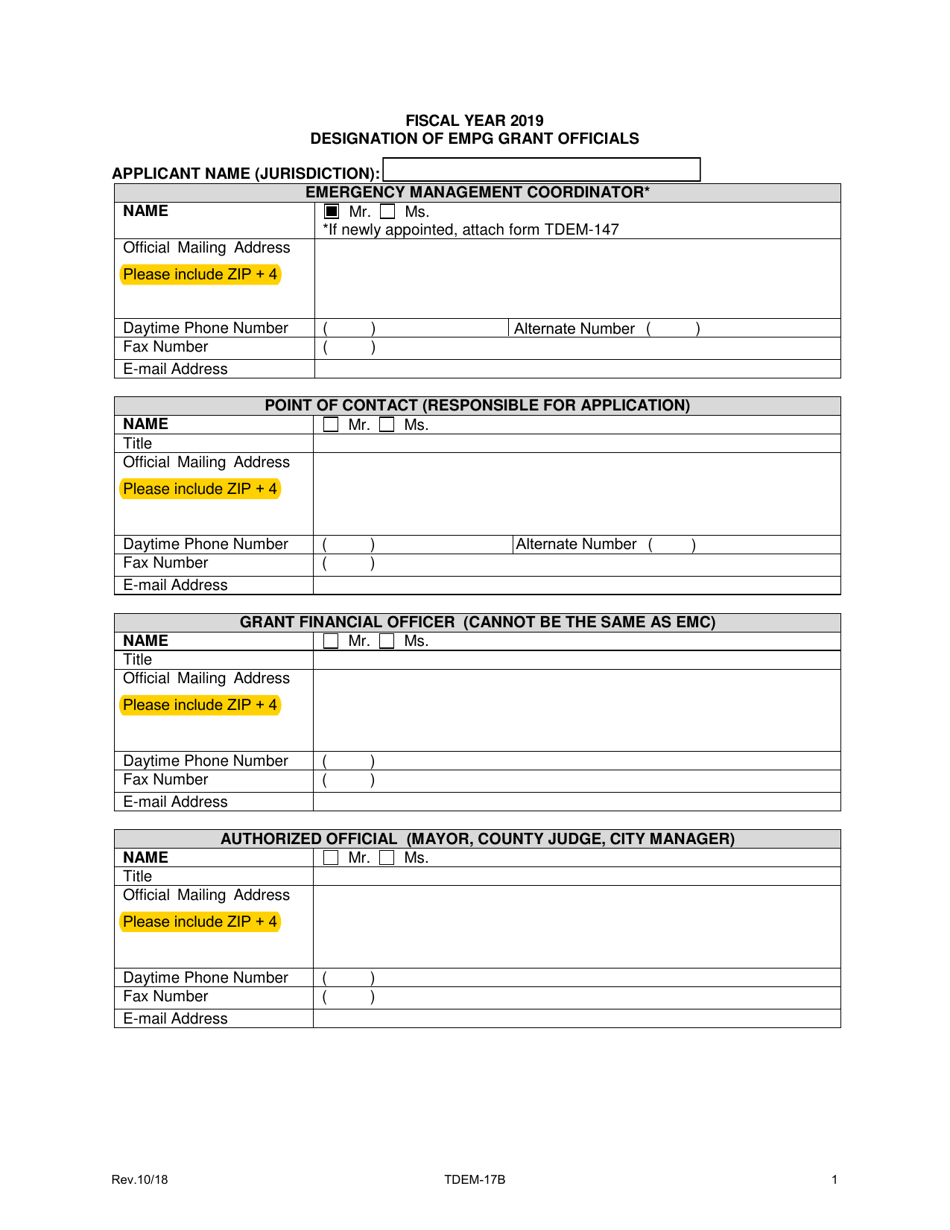 Form TDEM-17B - 2019 - Fill Out, Sign Online and Download Fillable PDF ...