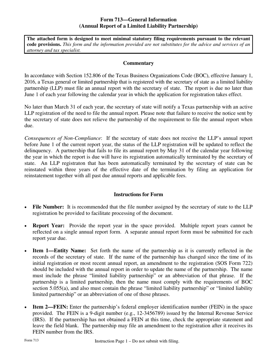 Form 713 - Fill Out, Sign Online and Download Fillable PDF, Texas ...