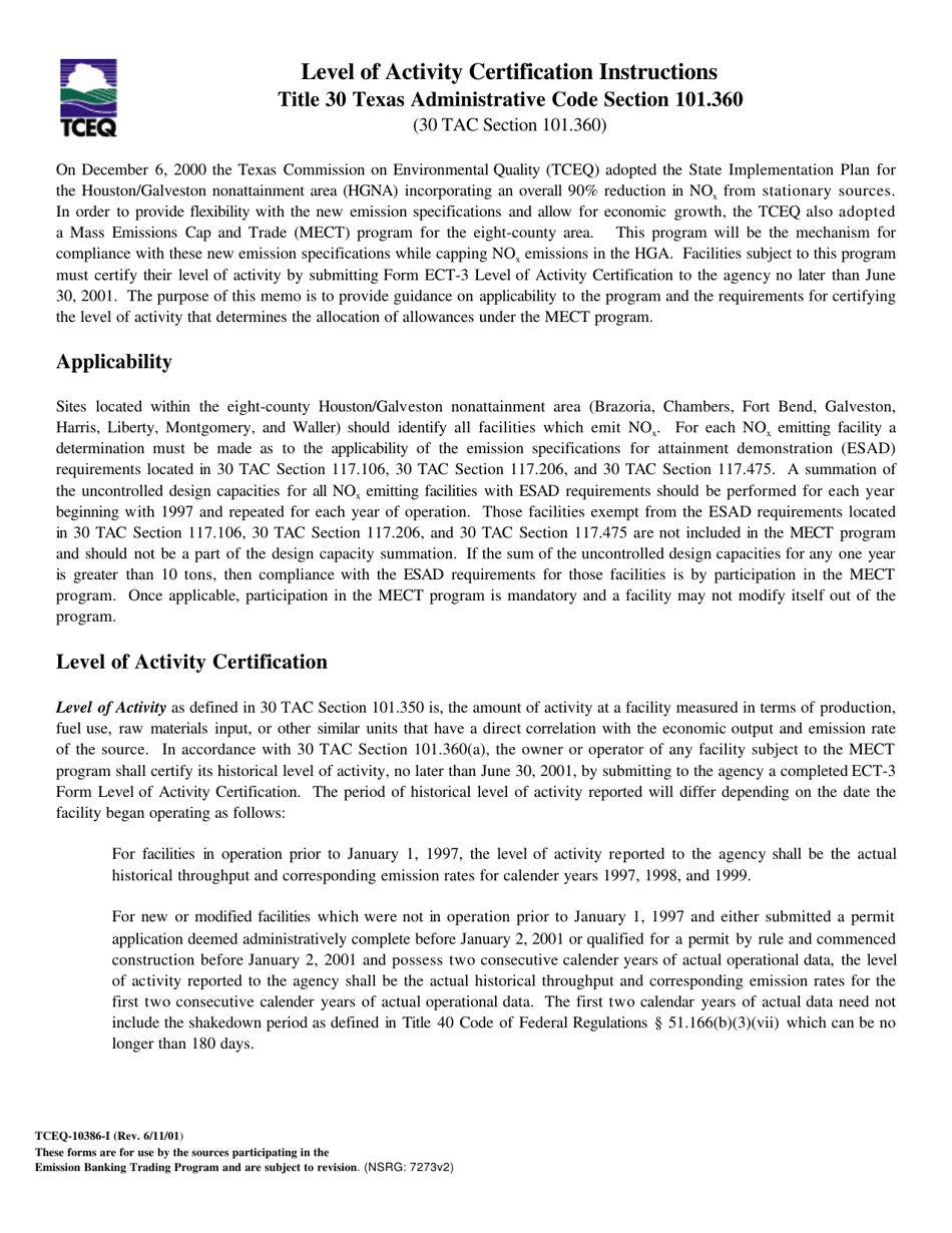 Download Instructions for Form ECT-3, TCEQ-10386 Level of Activity ...