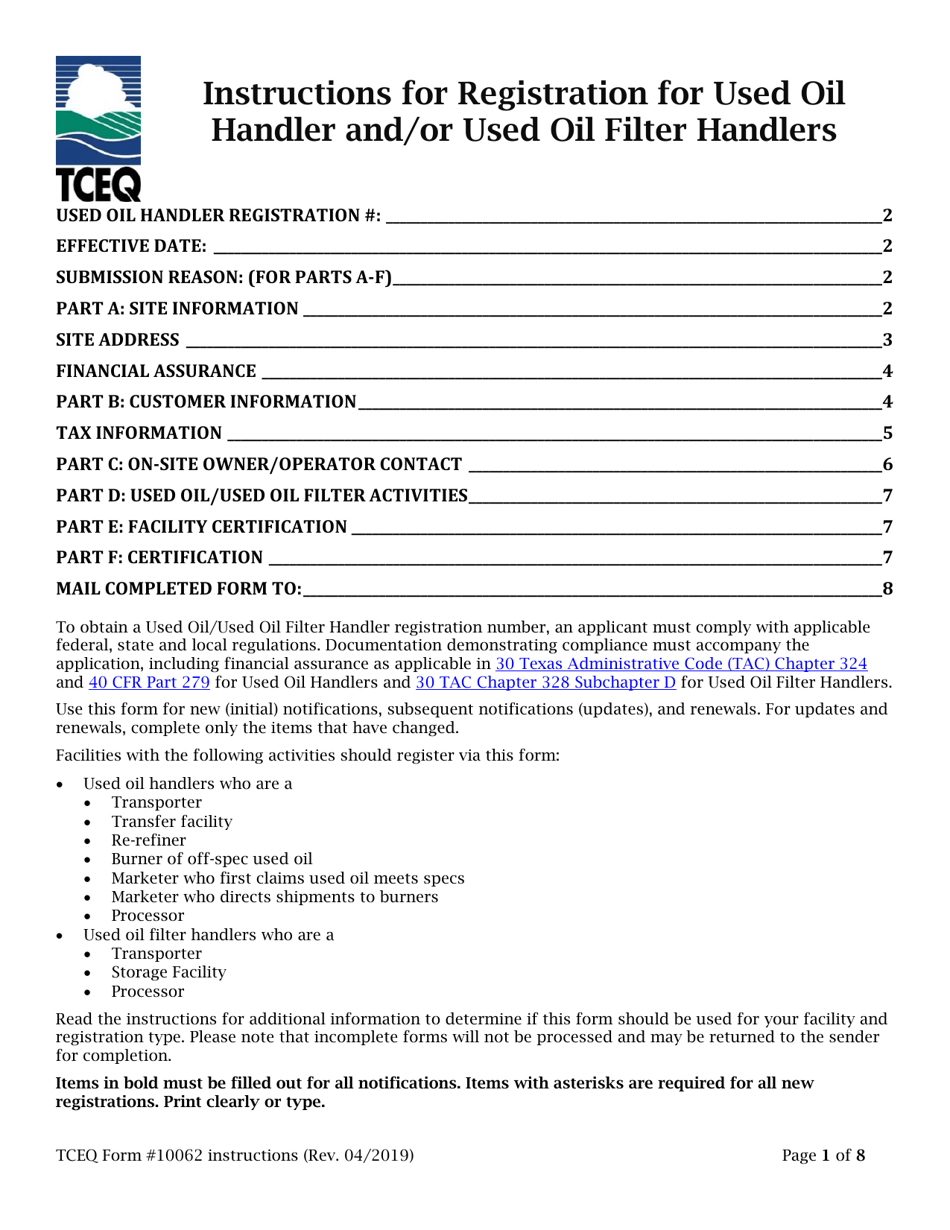 Download Instructions for Form TCEQ-10062 Registration for Used Oil ...