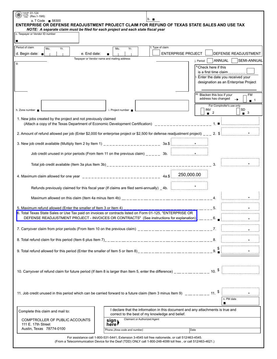 Form 01-124 - Fill Out, Sign Online and Download Fillable PDF, Texas ...