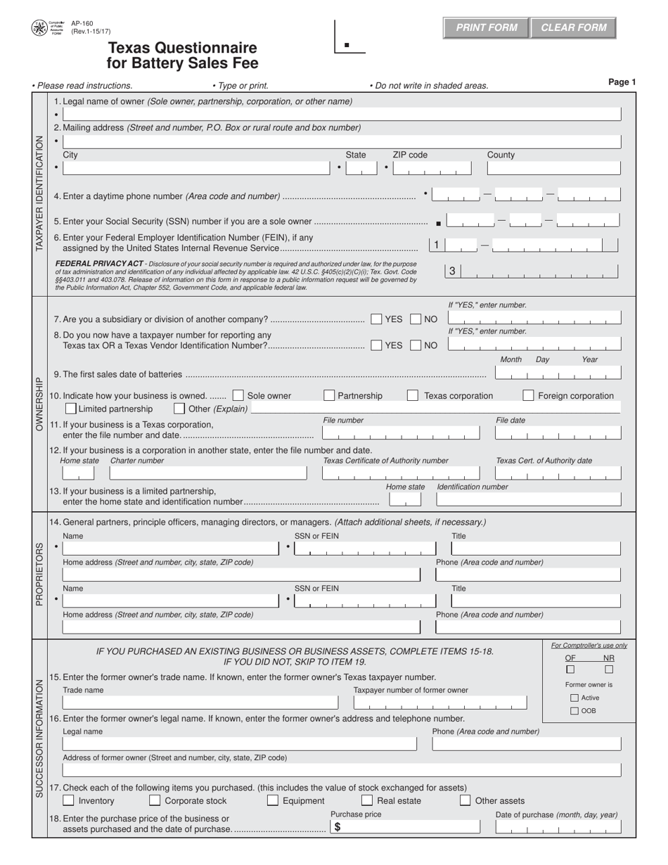 Form AP-160 - Fill Out, Sign Online and Download Fillable PDF, Texas ...