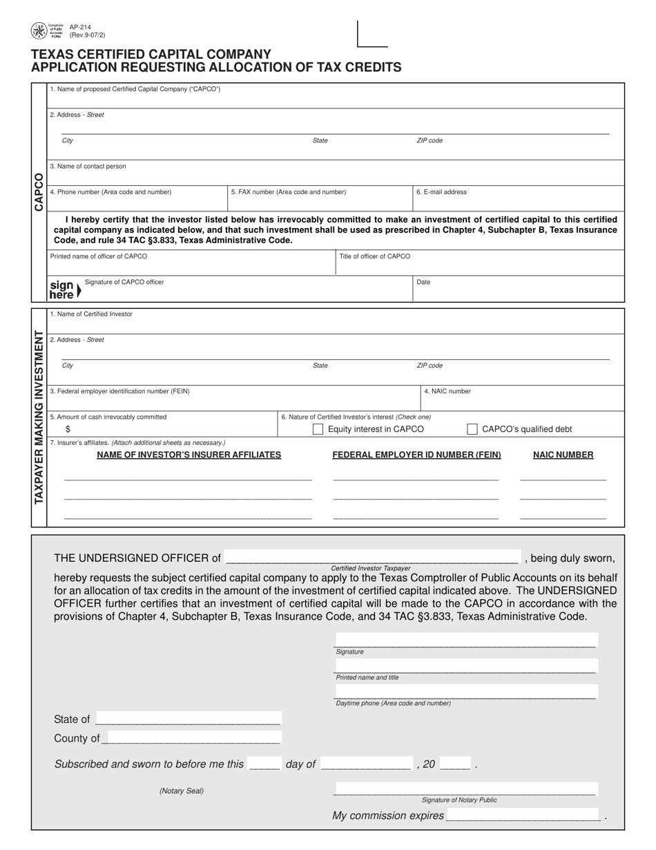 Form AP-214 - Fill Out, Sign Online and Download Fillable PDF, Texas ...