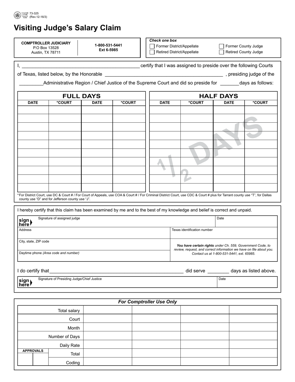Form 73-325 - Fill Out, Sign Online and Download Fillable PDF, Texas ...