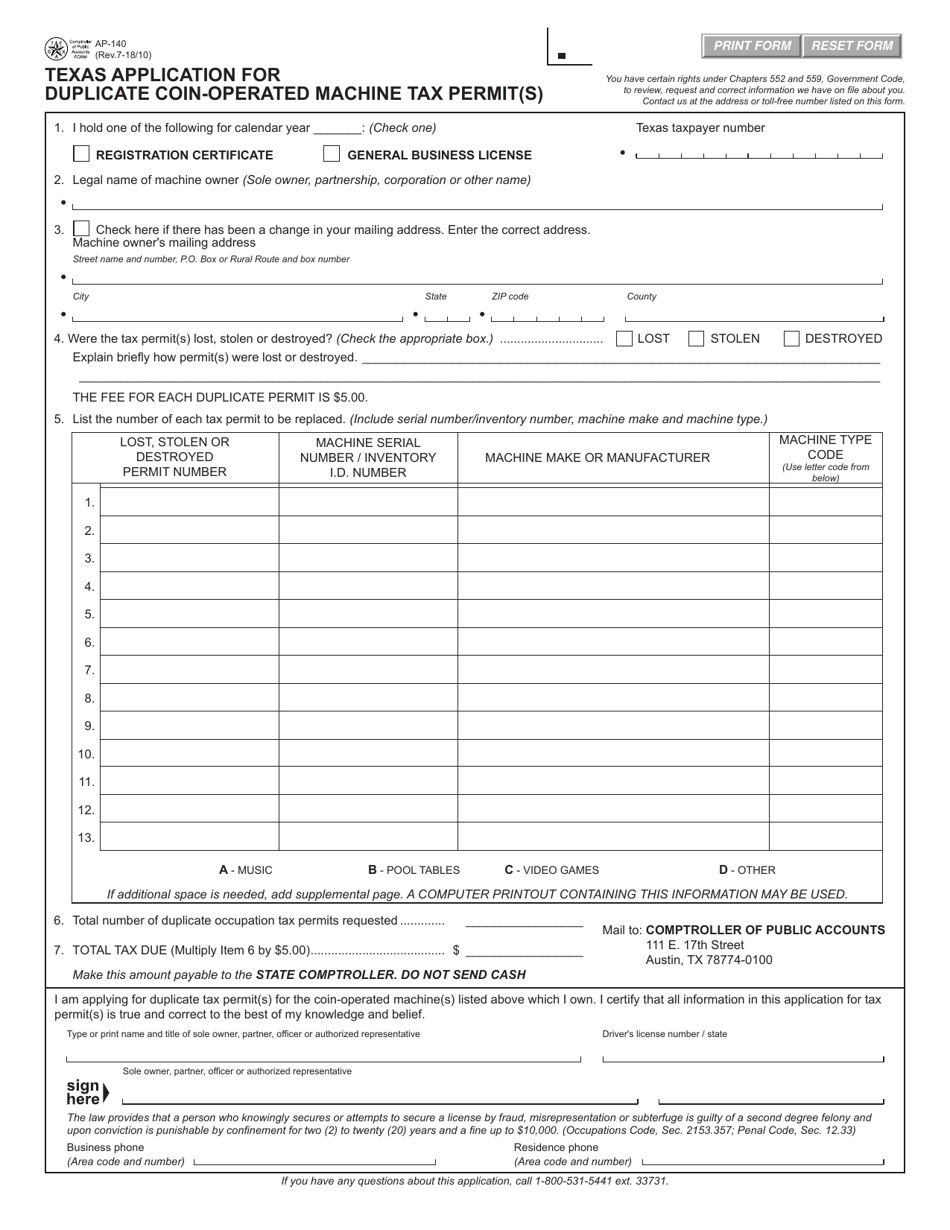 Form AP-140 - Fill Out, Sign Online and Download Fillable PDF, Texas ...