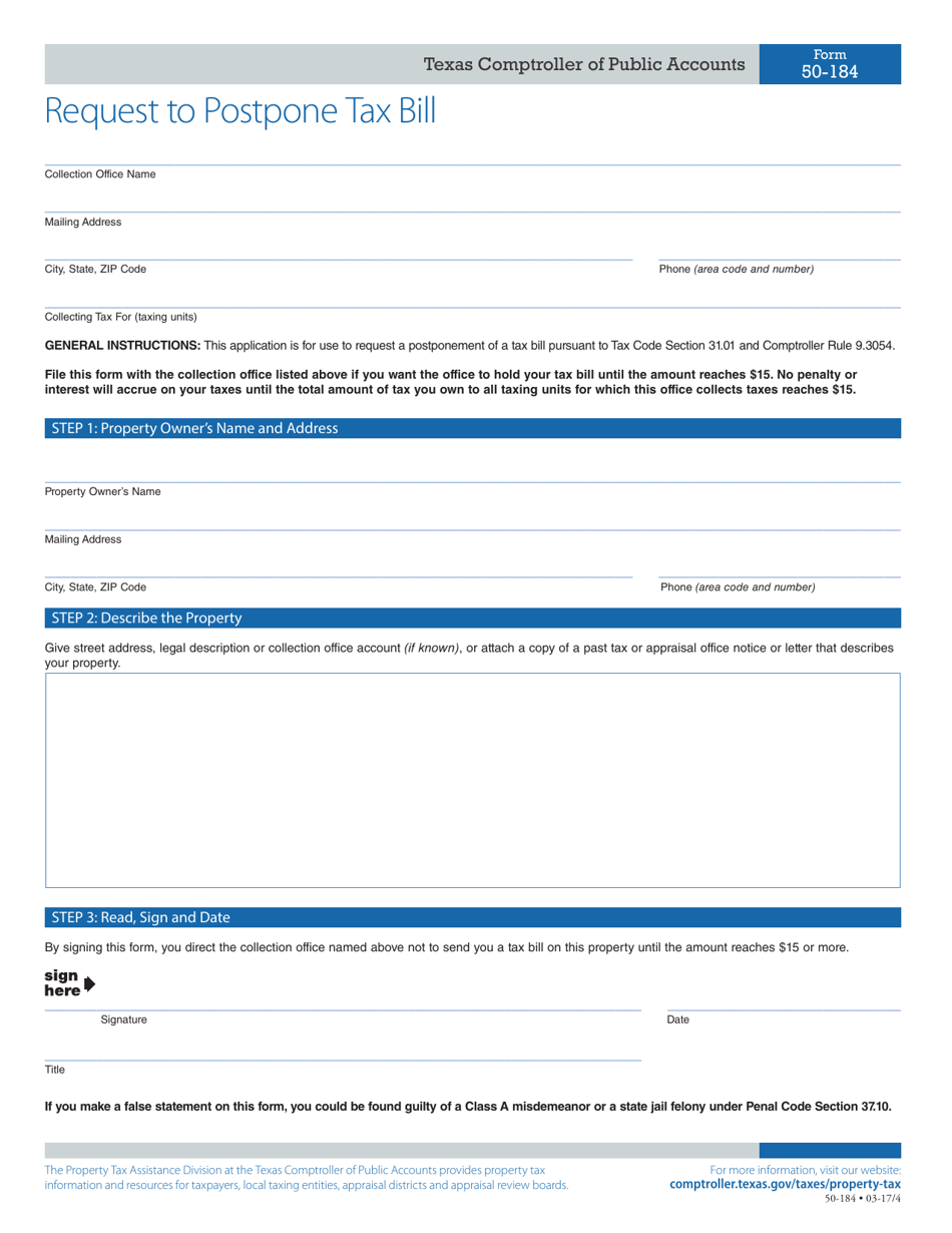 Form 50-184 - Fill Out, Sign Online and Download Fillable PDF, Texas ...