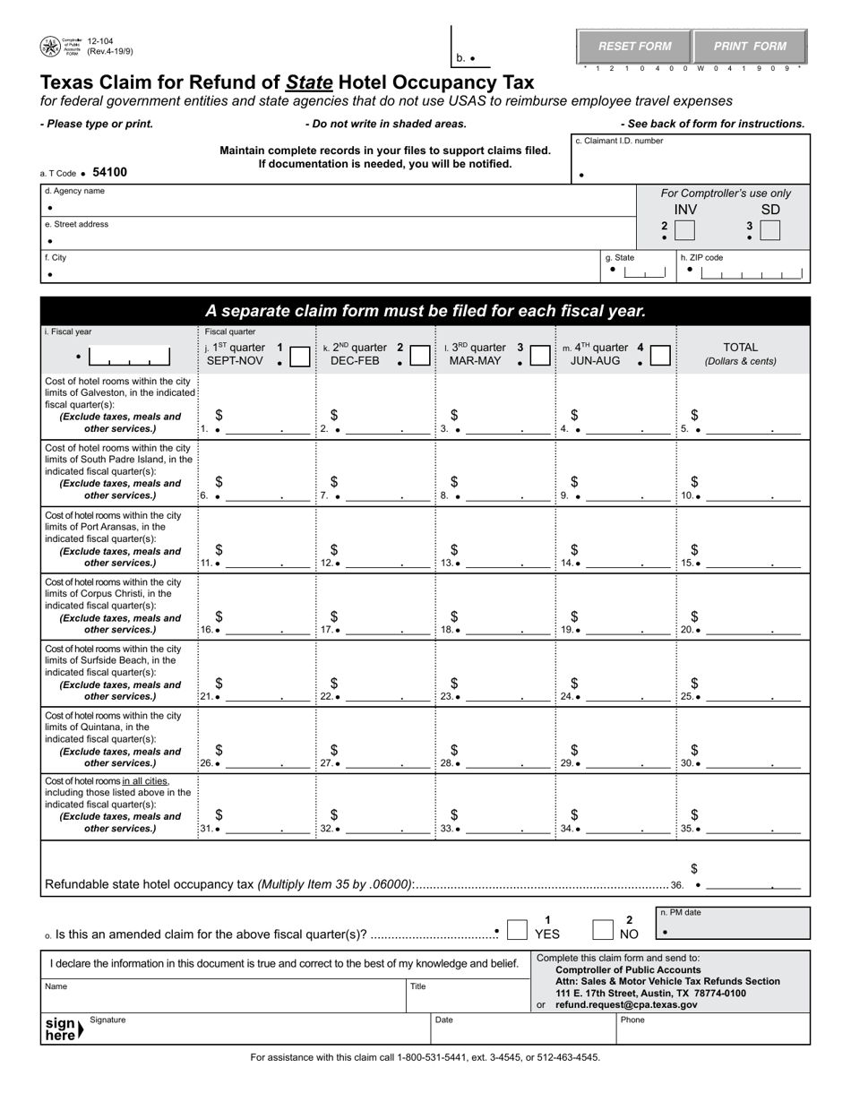 Form 12-104 - Fill Out, Sign Online and Download Fillable PDF, Texas ...