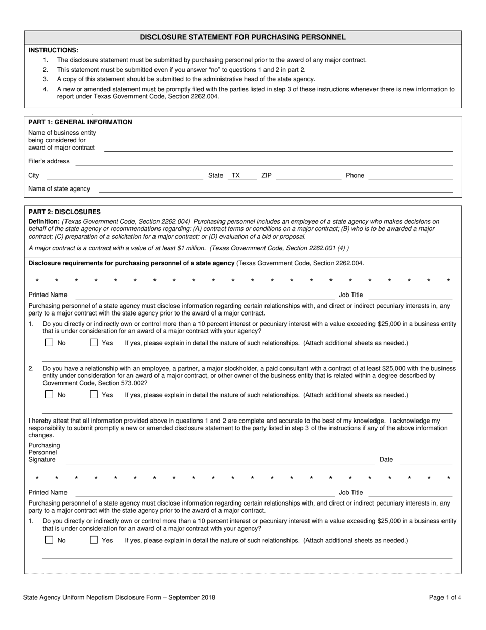 Texas Disclosure Statement for Purchasing Personnel - Fill Out, Sign ...