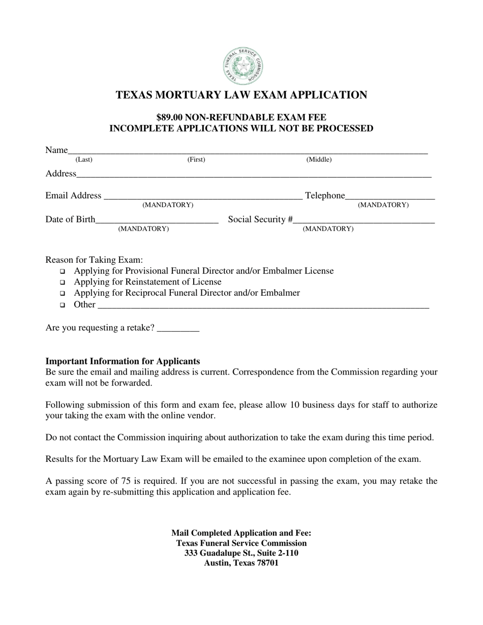 Texas Texas Mortuary Law Exam Application Form - Fill Out, Sign Online ...