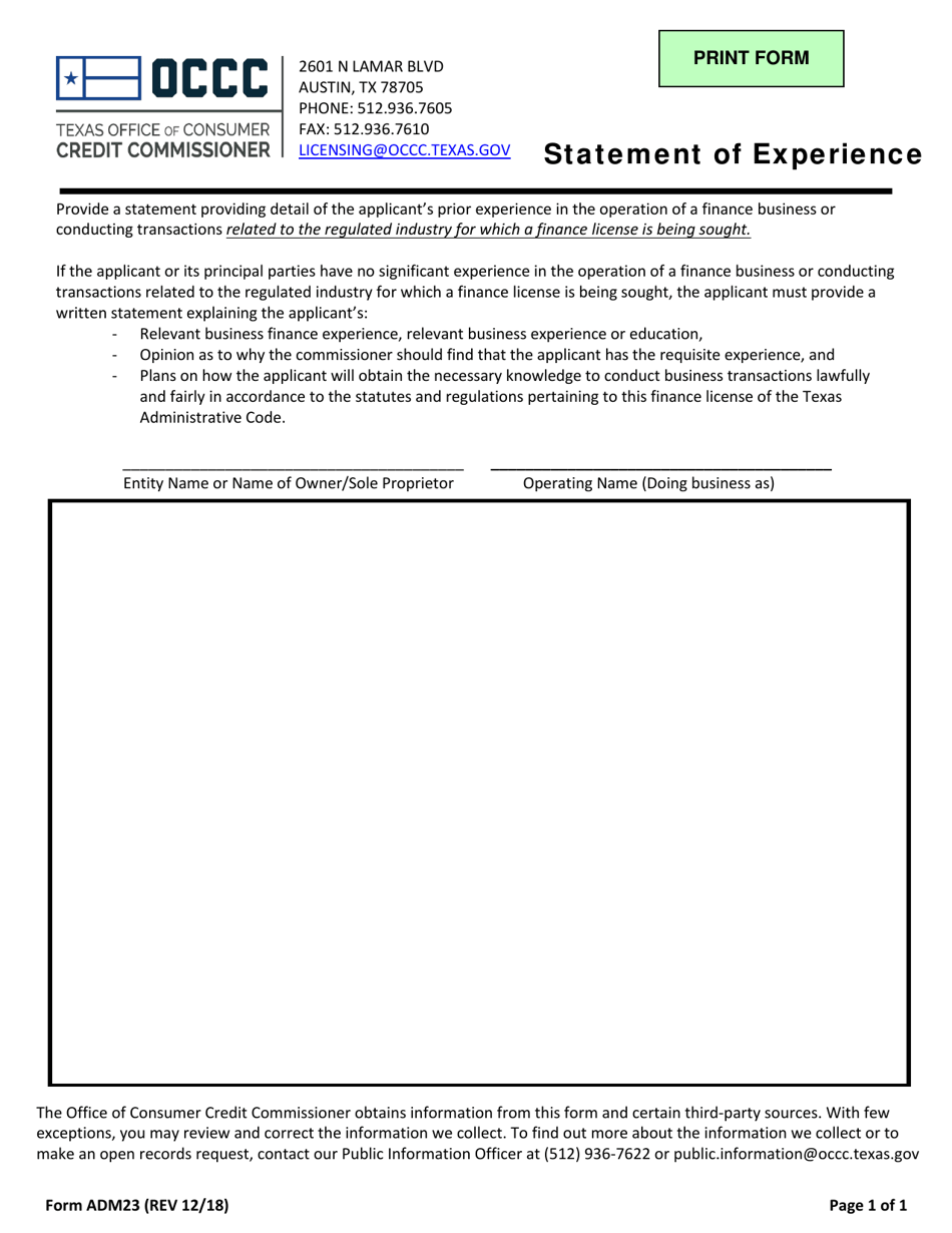 Form ADM23 - Fill Out, Sign Online and Download Fillable PDF, Texas ...