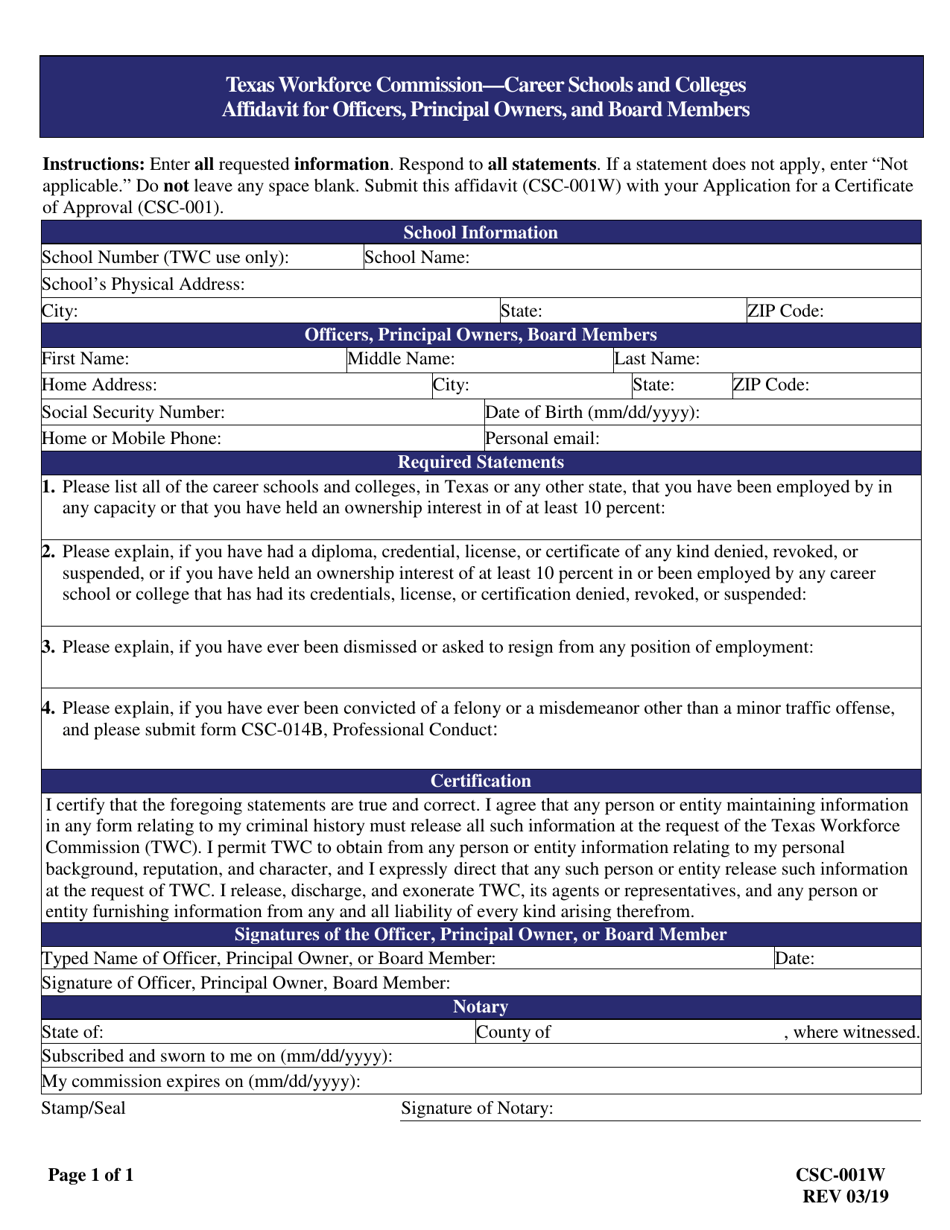 Form CSC-001W - Fill Out, Sign Online and Download Fillable PDF, Texas ...