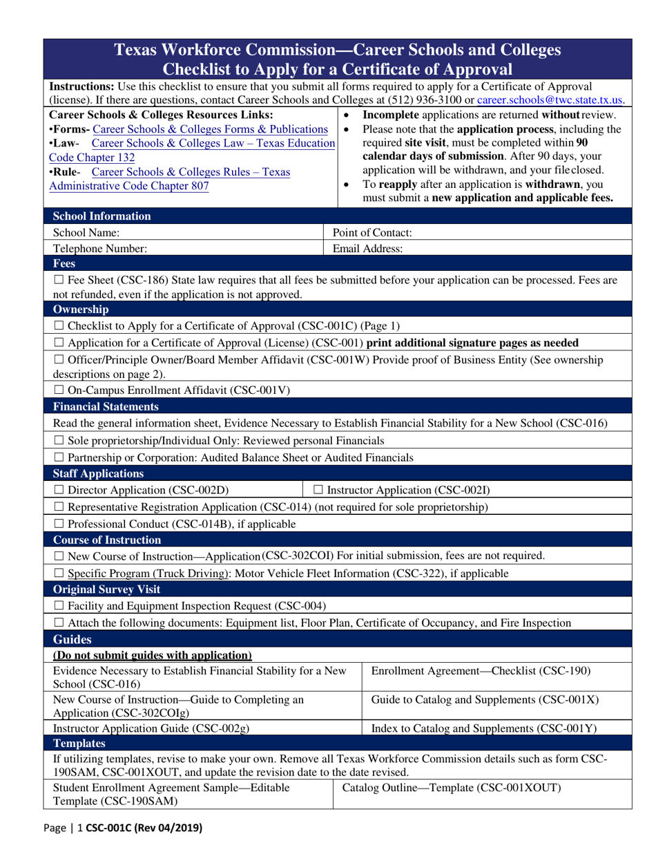 Form CSC-001C - Fill Out, Sign Online and Download Fillable PDF, Texas ...