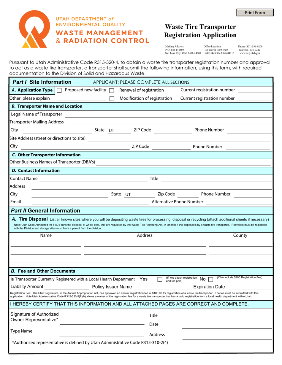 Utah Waste Tire Transporter Registration Application Form - Fill Out ...