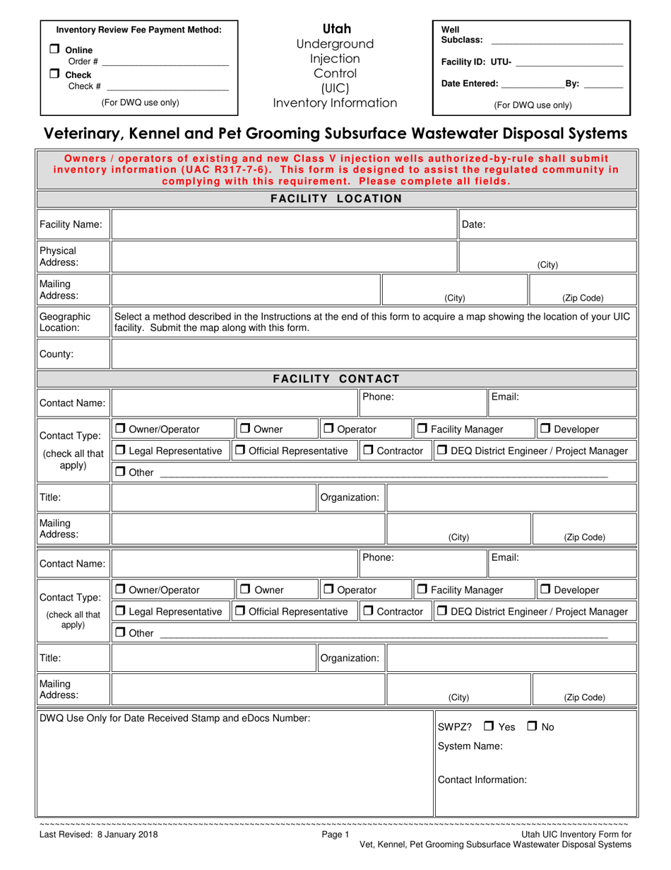 Utah Utah Underground Injection Control Inventory Information Form for ...