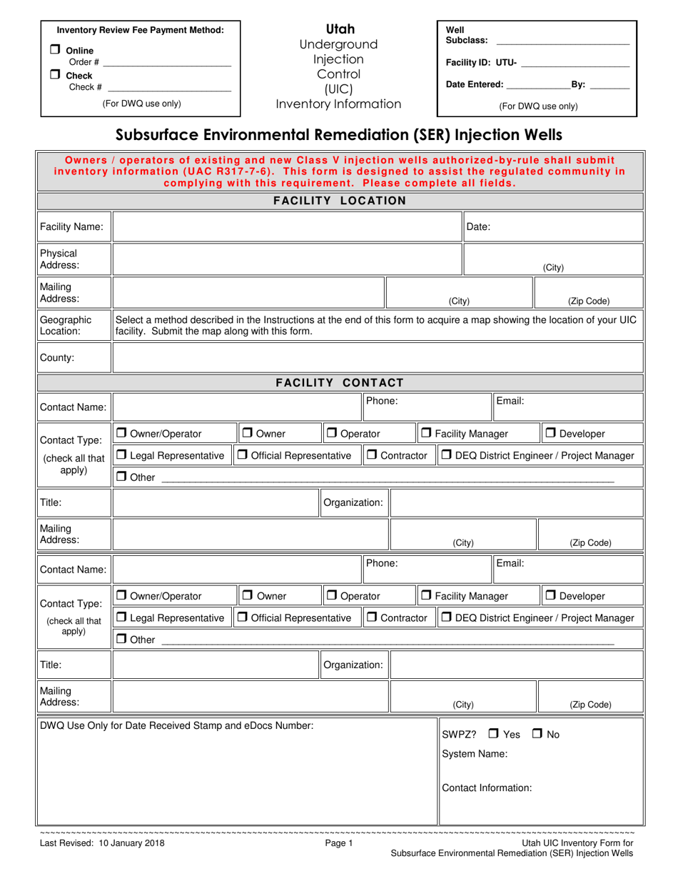 Utah Subsurface Environmental Remediation (Ser) Injection Wells - Fill ...