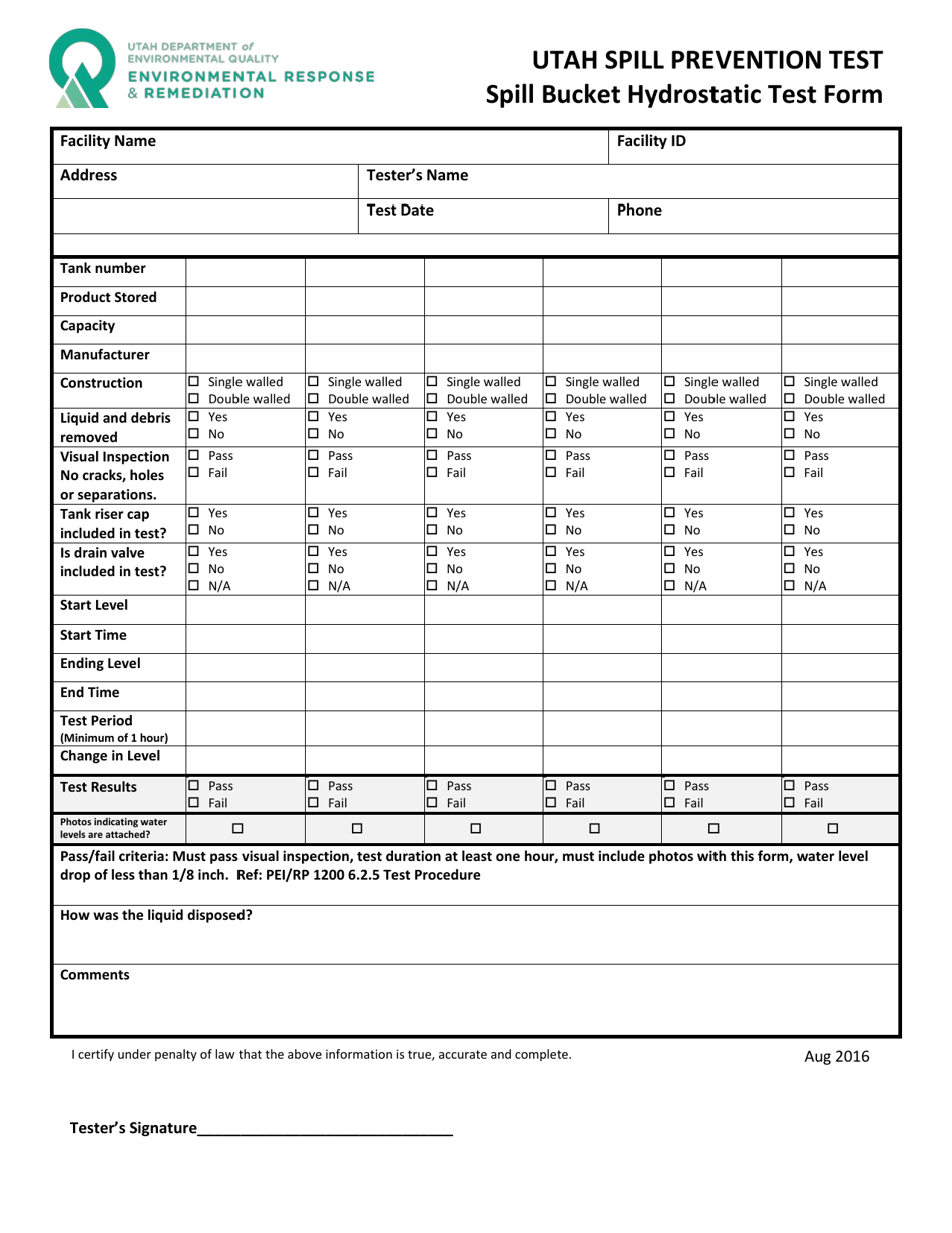 Utah Utah Spill Prevention Test - Spill Bucket Hydrostatic Test Form ...