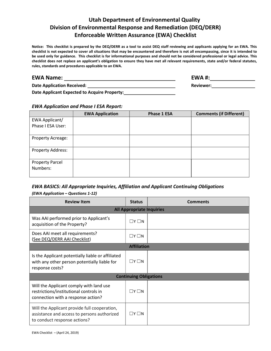 Utah Enforceable Written Assurance (Ewa) Checklist - Fill Out, Sign ...