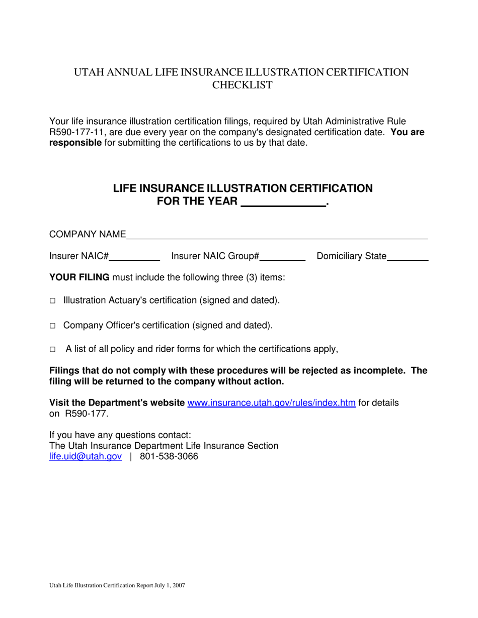 Utah Utah Annual Life Insurance Illustration Certification Checklist ...