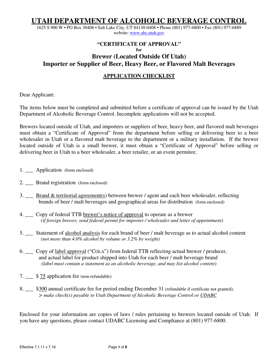 Utah Certificate of Approval Application for a Brewer (Located Outside ...